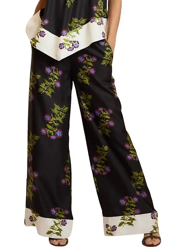 Cynthia Rowley Silk Floral Wide Leg Pants - Black Floral