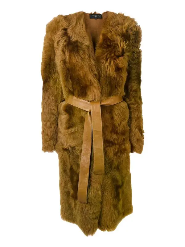 Rochas Belted Lamb Fur Coat - Brown
