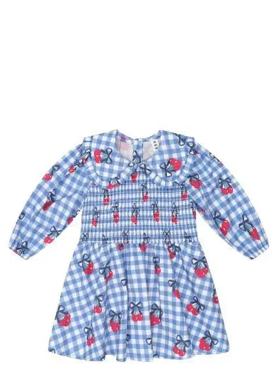 HUXBABY Cherry Gingham Shirred Dress - Bijou Blue Check