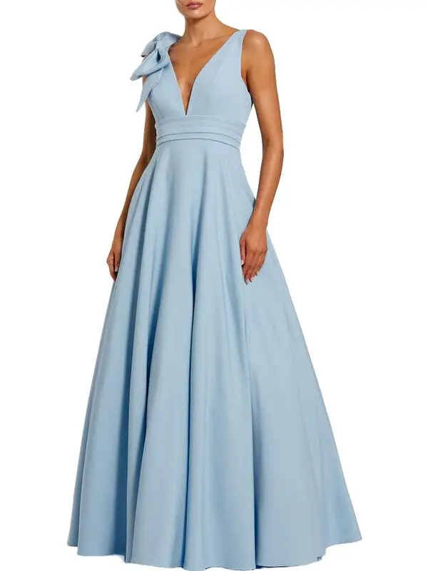 Mac Duggal Petite Sleeveless Plunge Neck Ball Gown With Bow - Powder Blue
