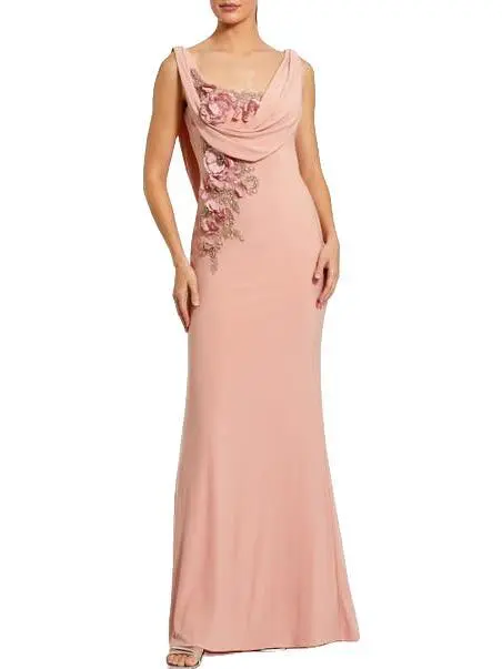 Mac Duggal Sleeveless 3d Flower Cowl Neck Gown - Peach