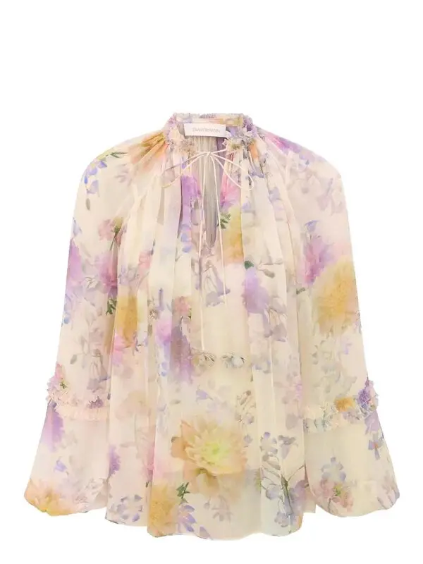 Zimmermann Floral Print Ruffled-neck Shirt - Neutrals