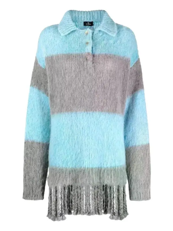 Etro Striped Fringed Polo Top - Blue