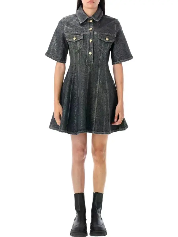 GANNI Foiled Denim Mini Dress - Black