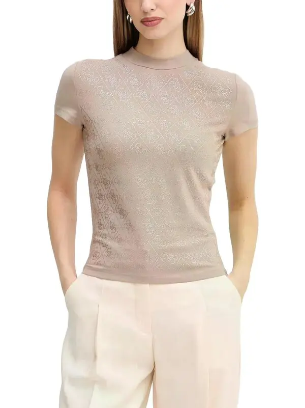 Guess 4g Logo Crystal Embellished Short Sleeve T-shirt - Neutrals