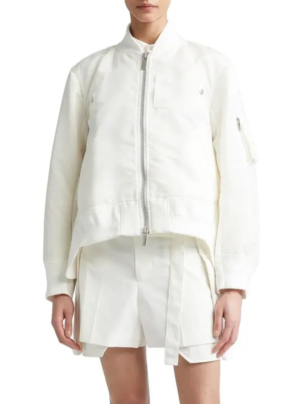 Sacai Mixed Media Nylon Twill & Wool Bomber Jacket - Off White