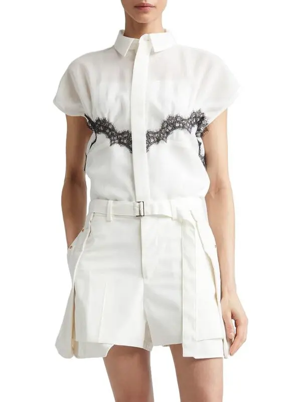 Sacai Lace Trim Organza Button-up Shirt - Off White