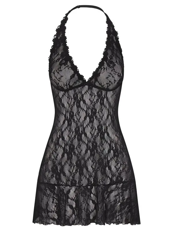 SKIMS Stretch Lace Halter Mini Dress - Soot