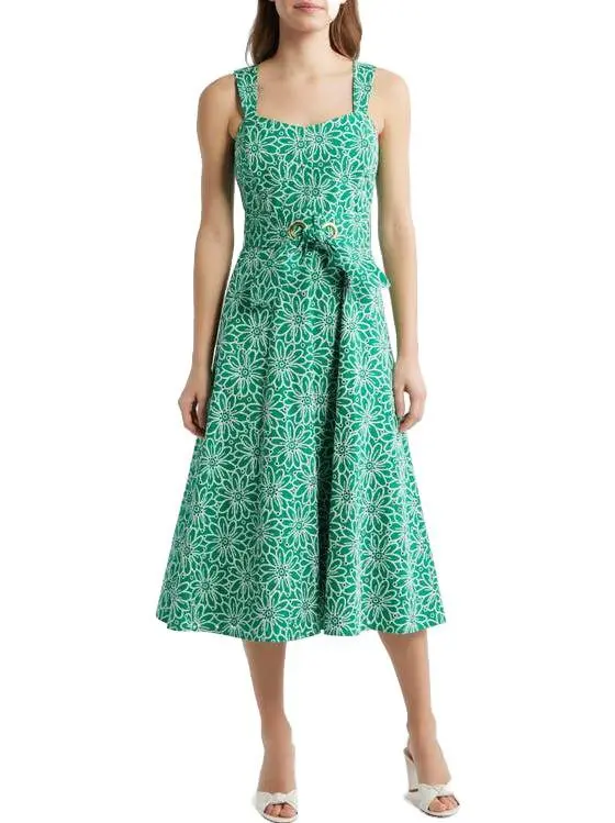 TAHARI ASL Floral Print Fit-and-flare Midi Dress With Belt - Parakeet Green