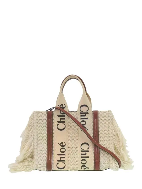 Chloé Small Linen Woody Fringe Tote Satchel - Brown