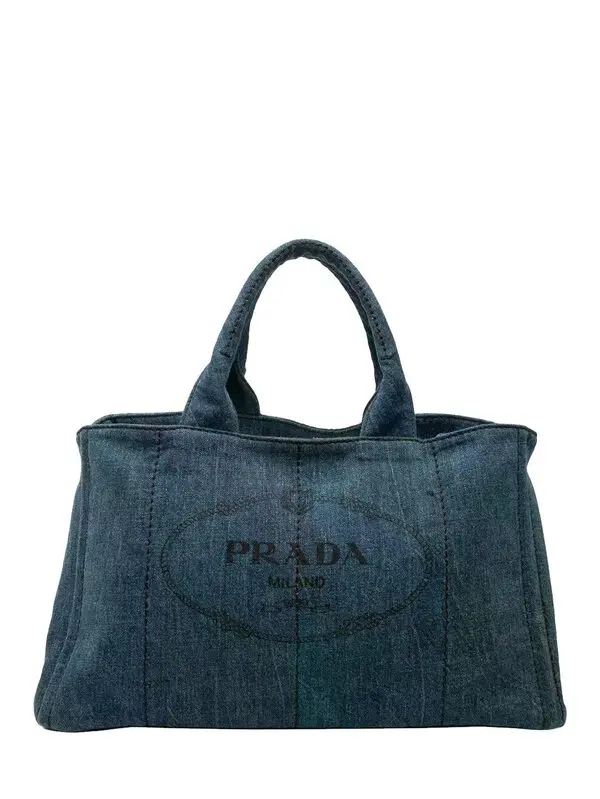 Prada 2013-2026 Large Denim Canapa Logo Satchel - Blue