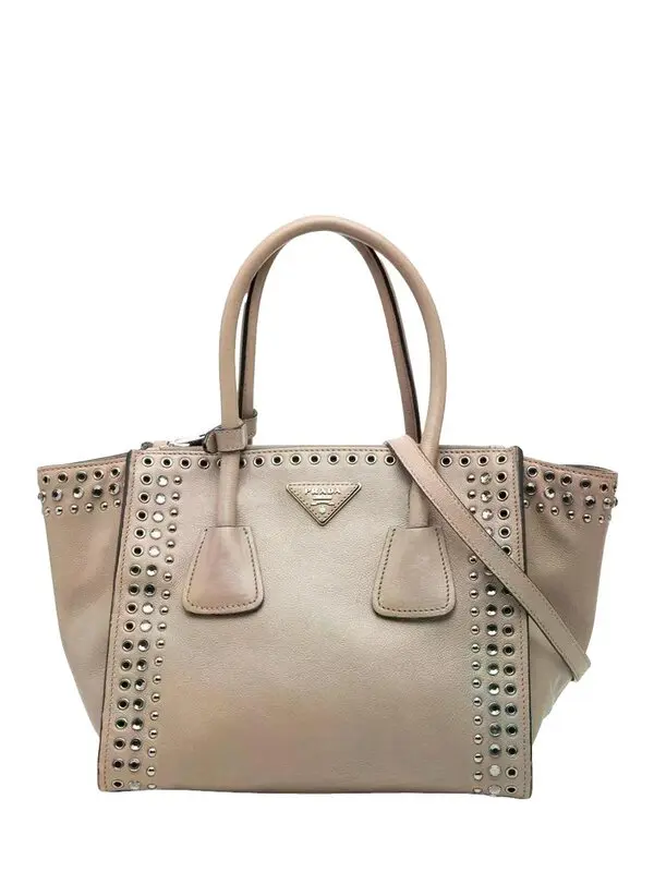 Prada Glace Calf Studded Twin Pocket Satchel - Neutrals