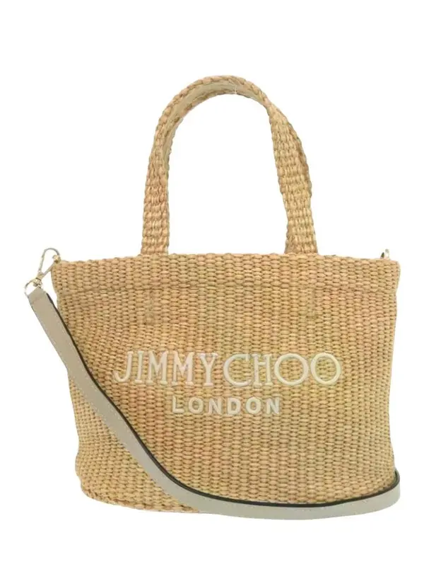 JIMMY CHOO Mini Raffia Embroidered Logo Beach Tote Satchel - Neutrals