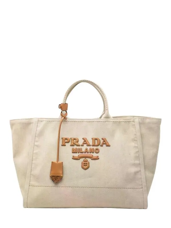 Prada 2000-2026 Large Linen And Vitello Logo Tote Bag - Neutrals