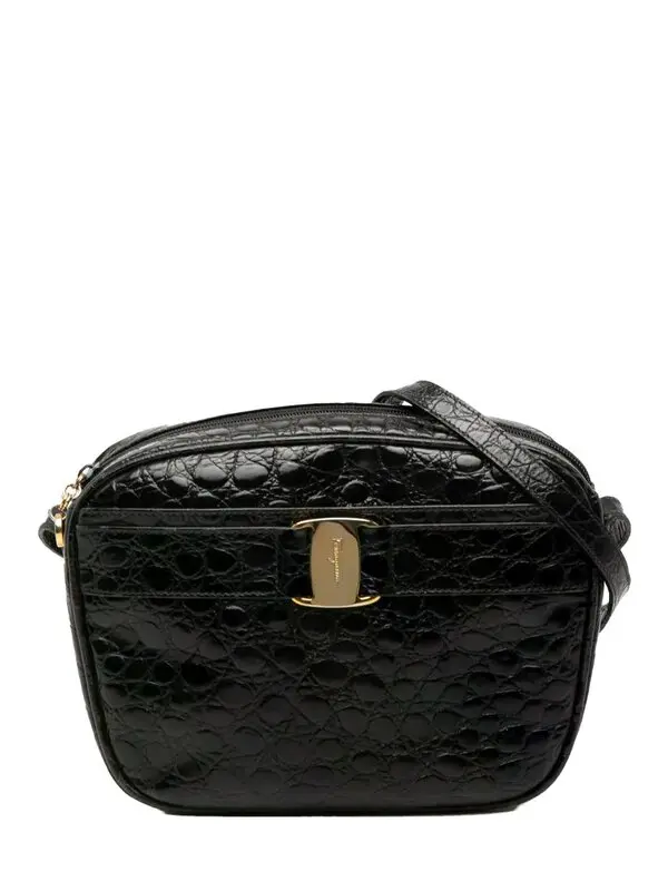 FERRAGAMO Leather Gancini Chain Crossbody Bag - Black