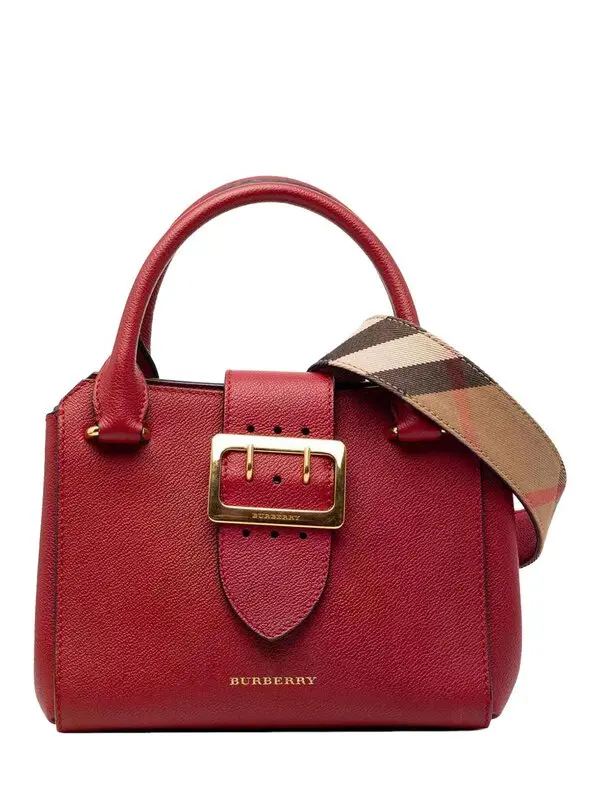 Burberry Small Grained Leather Buckle Tote Satchel - Red