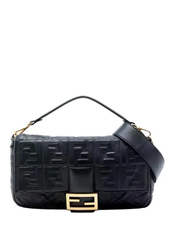 Fendi Large Zucca Embossed Leather Baguette Satchel - Black