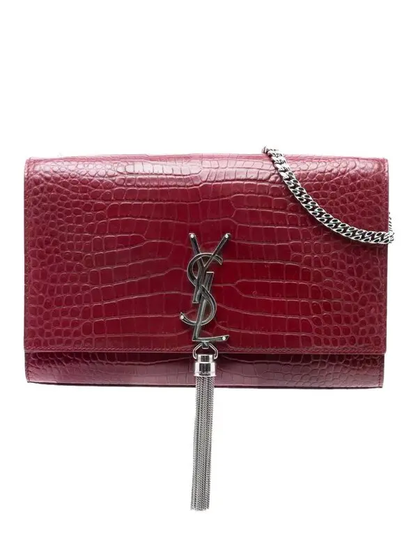 Saint Laurent 2017 Medium Croc Embossed Monogram Kate Tassel Crossbody Bag - Red