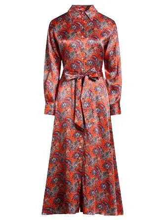REALLY WILD Silk Paisley Print Midi Shirt Dress - Orange
