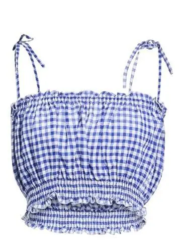 120% Lino Linen Checked Crop Top - Blue