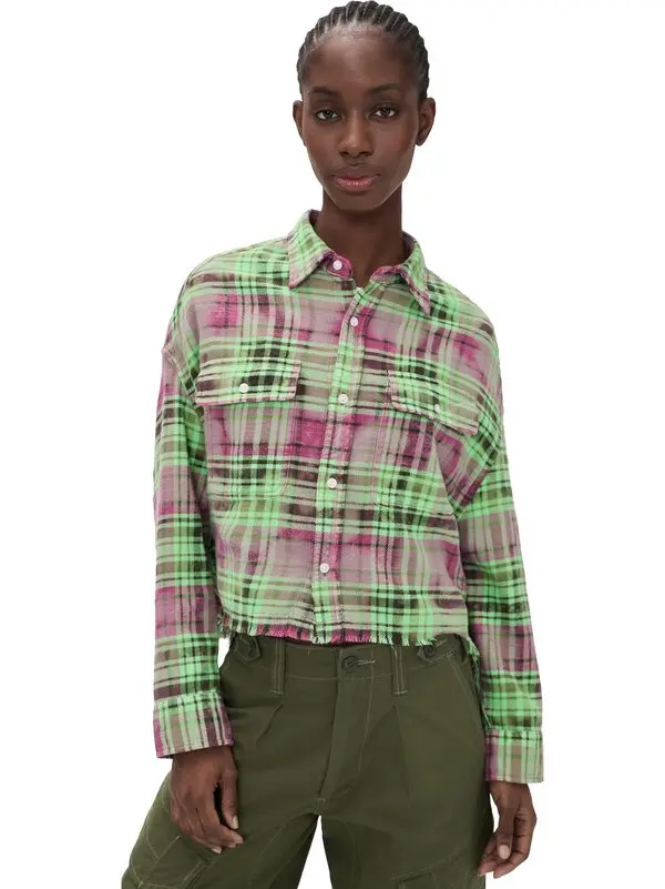 R13 Cropped Work Shirt - Pink Overdyed Green Plaid