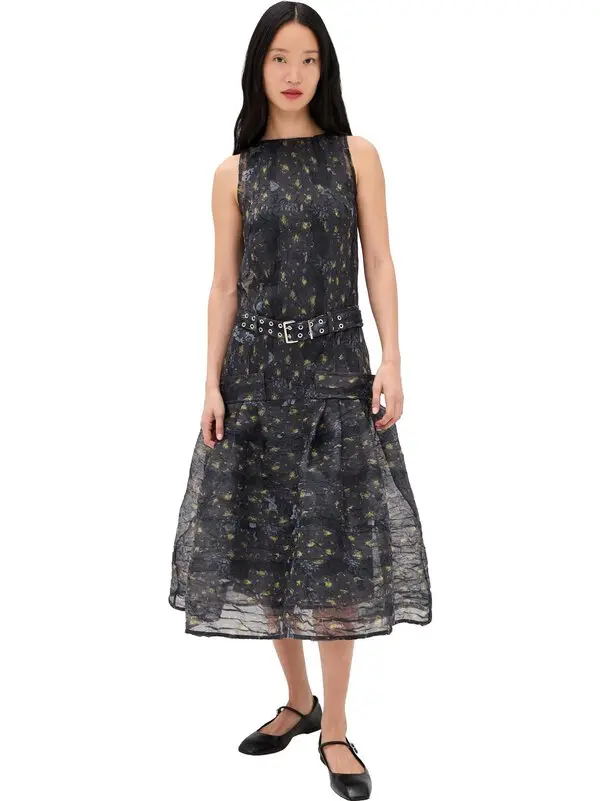 GANNI Shibori Organza Belted Long Dress - Black Sand