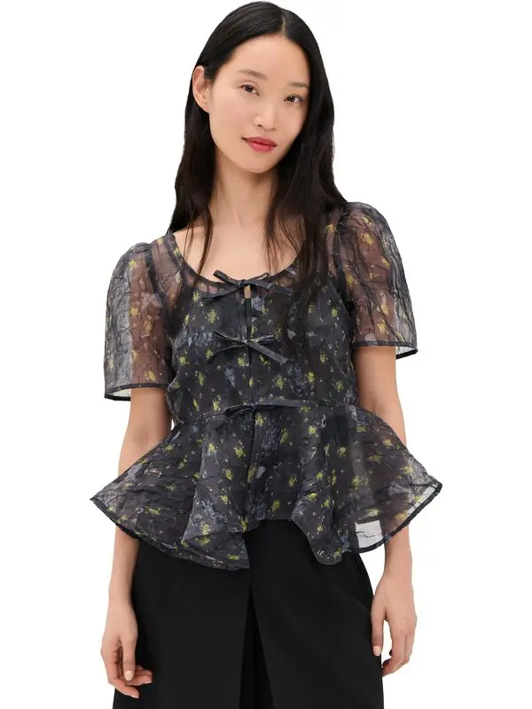GANNI Printed Shibori Organza Peplum Blouse - Black Sand