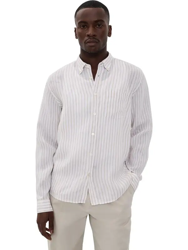 BOSS Long Sleeve Linen Collared Shirt - Open Beige