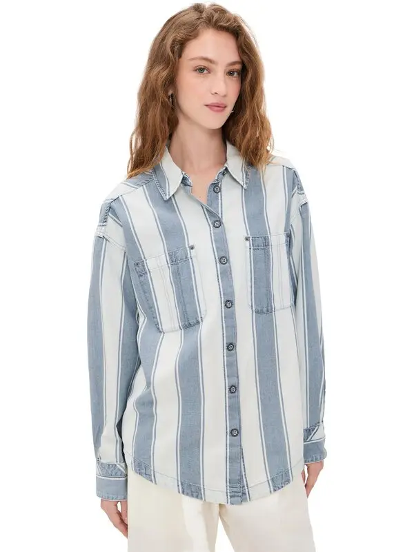 Free People Crossroads Striped Button-down Shirt - Indigo Combo