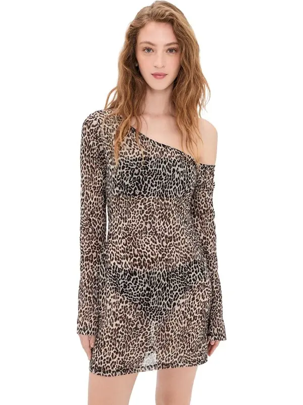 Good American Asymmetric Long Sleeve Mini Dress - Lucky Leopard001