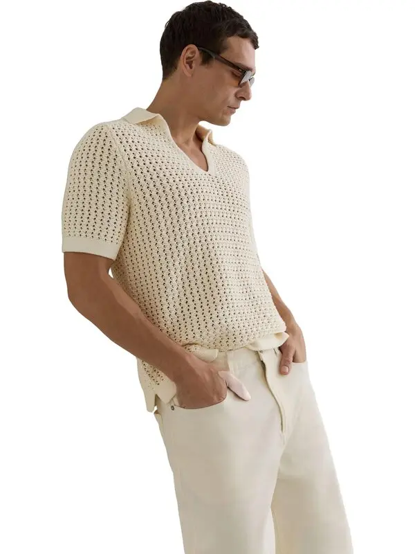 REISS Bronwyn Crochet Open-collar Polo Shirt - White