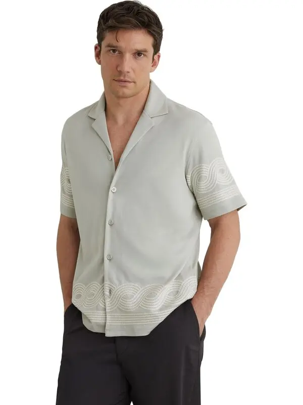 REISS Arden Cotton-blend Embroidered Cuban-collar Shirt - Dark Green