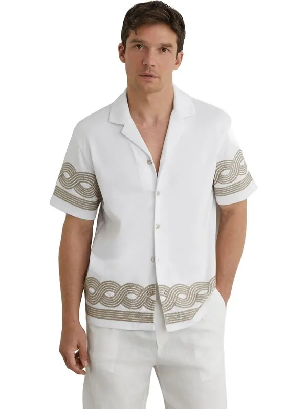REISS Arden Cotton-blend Embroidered Cuban-collar Shirt - White