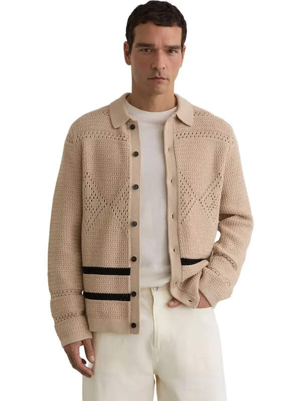 REISS Kian Crochet-knit Button-through Jacket - Stone