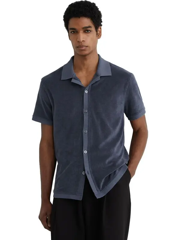 REISS Eden Towelling Short-sleeve Shirt - Airforce Blue