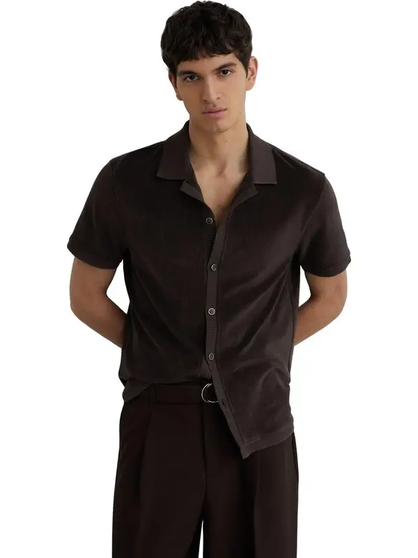 REISS Eden Towelling Short-sleeve Shirt - Chocolate Brown