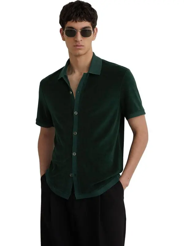 REISS Eden Towelling Short-sleeve Shirt - Forest Green