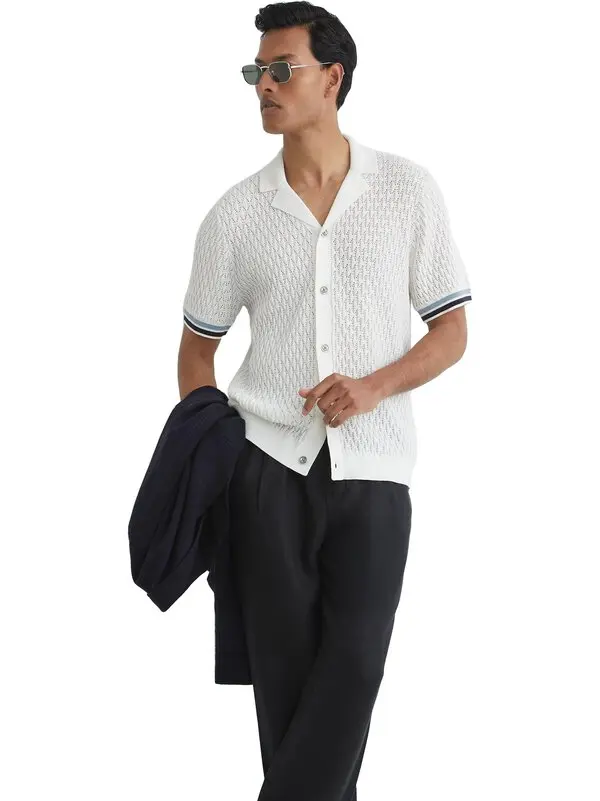 REISS Bilsby Cotton-blend Geometric-knit Tipped Shirt - White