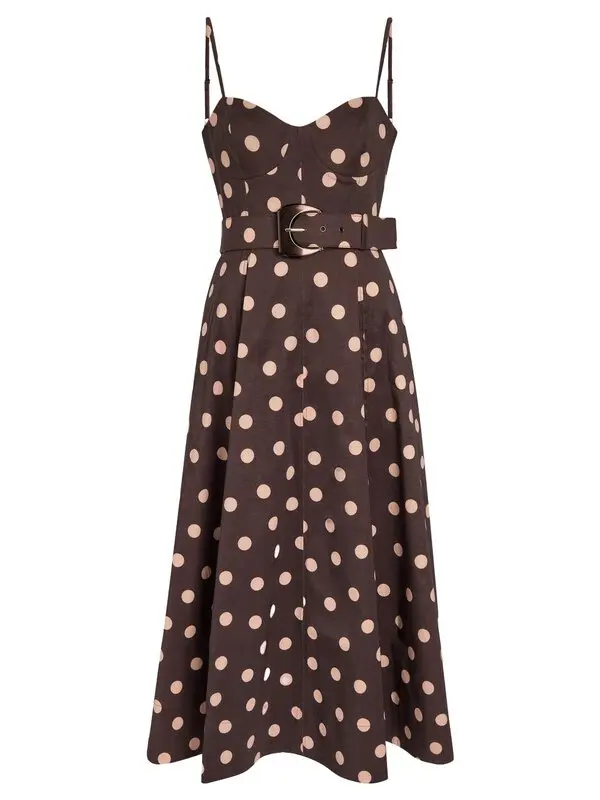 Rebecca Vallance Vivianne Polka-dot Slubbed-poplin Midi Dress - Brown