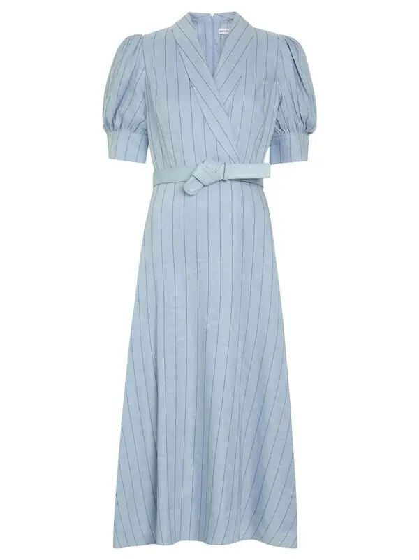 Rebecca Vallance Effie Pinstripe Belted Linen-blend Midi Dress - Light Blue
