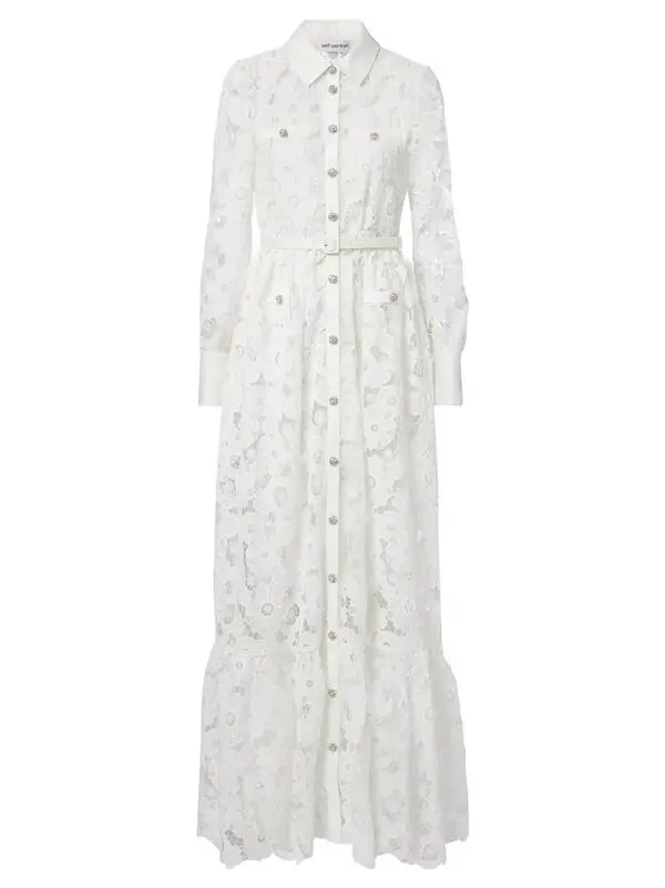 SELF-PORTRAIT Belted Guipure Lace Shirt Dress - White