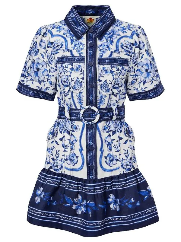 Farm Rio Printed Belted Linen Shirt Dress - Blue