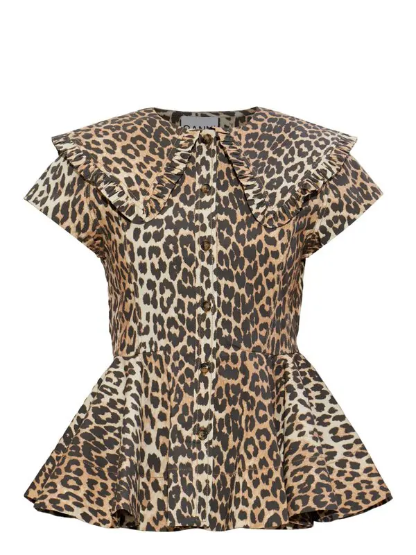 GANNI Animal Print Peplum Shirt - Beige