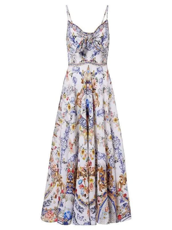 Camilla Embellished Printed Linen Midi Dress - White