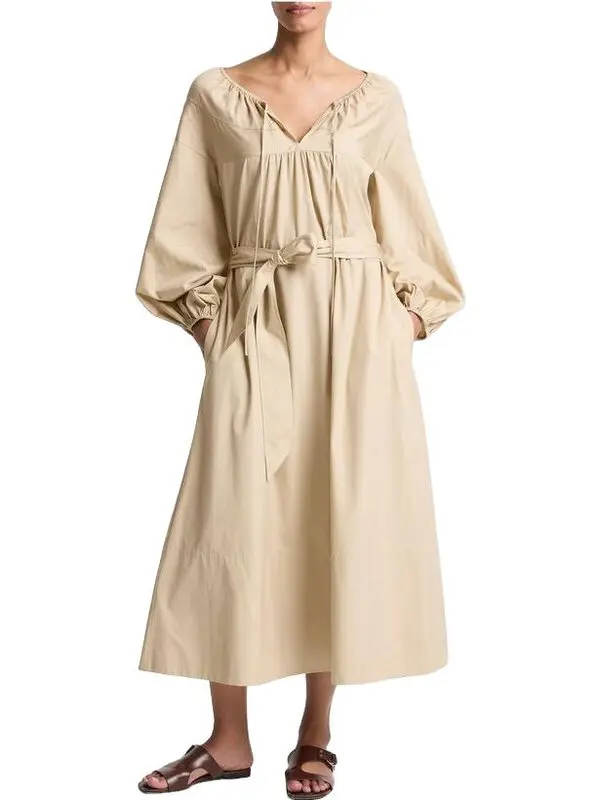 Vince Shirred Cotton Belted Tie-neck Dress - Neutral