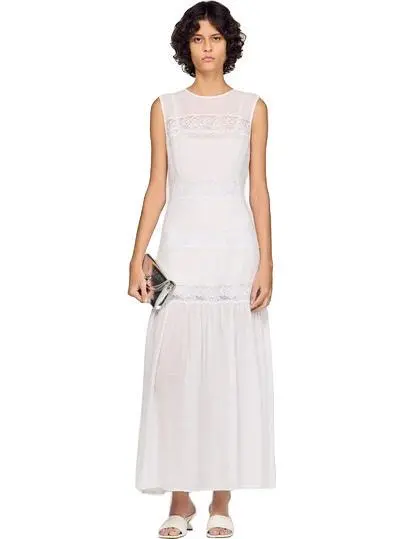 Sandro Crepon Maxi Dress With Lace Trim - White