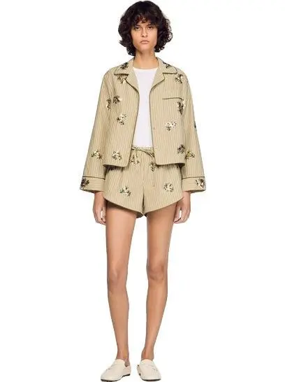 Sandro Striped Shorts With Floral Embroidery - Green