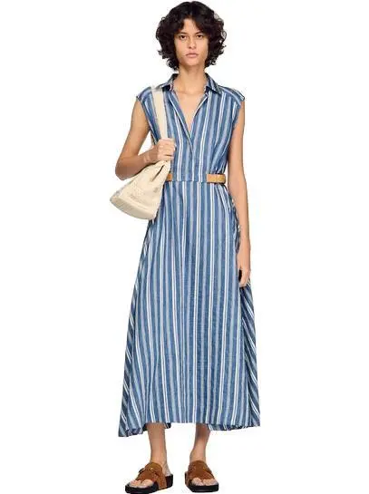 Sandro Striped Maxi Dress With Leather Tab - Stripe