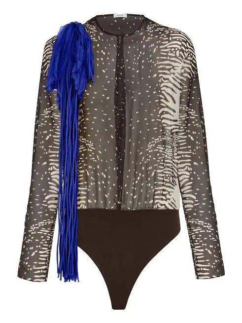 FERRAGAMO Silk Georgette Bodysuit With Flower Detail - Animal Print