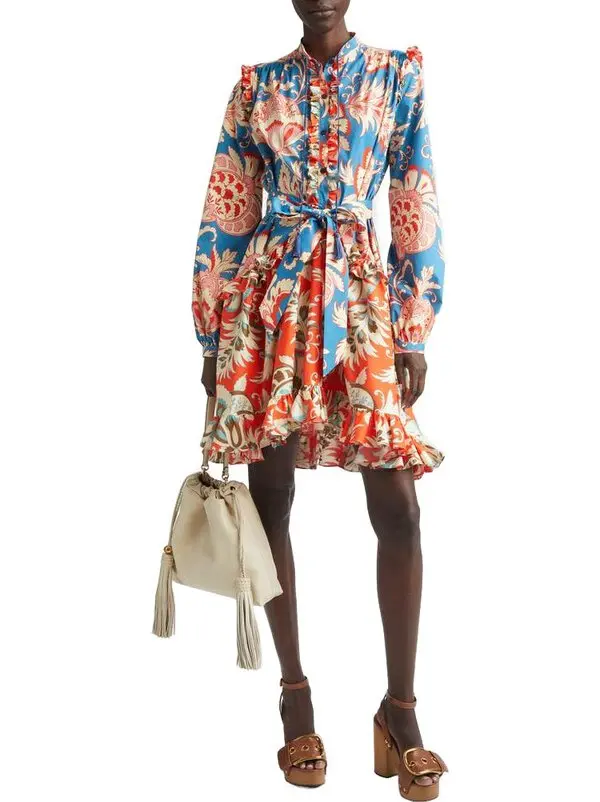 Etro Printed Long Sleeve Stretch Cotton Dress - Print On Pale Blue Base